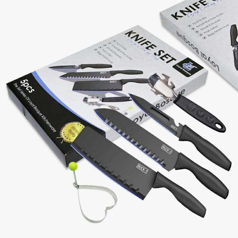 Pisau Set 3pcs + Peeler + Egg Mold (5pcs Knife Set Black Series)
