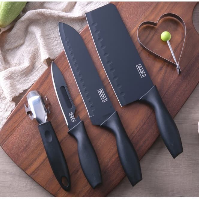 Pisau Set 3pcs + Peeler + Egg Mold (5pcs Knife Set Black Series)