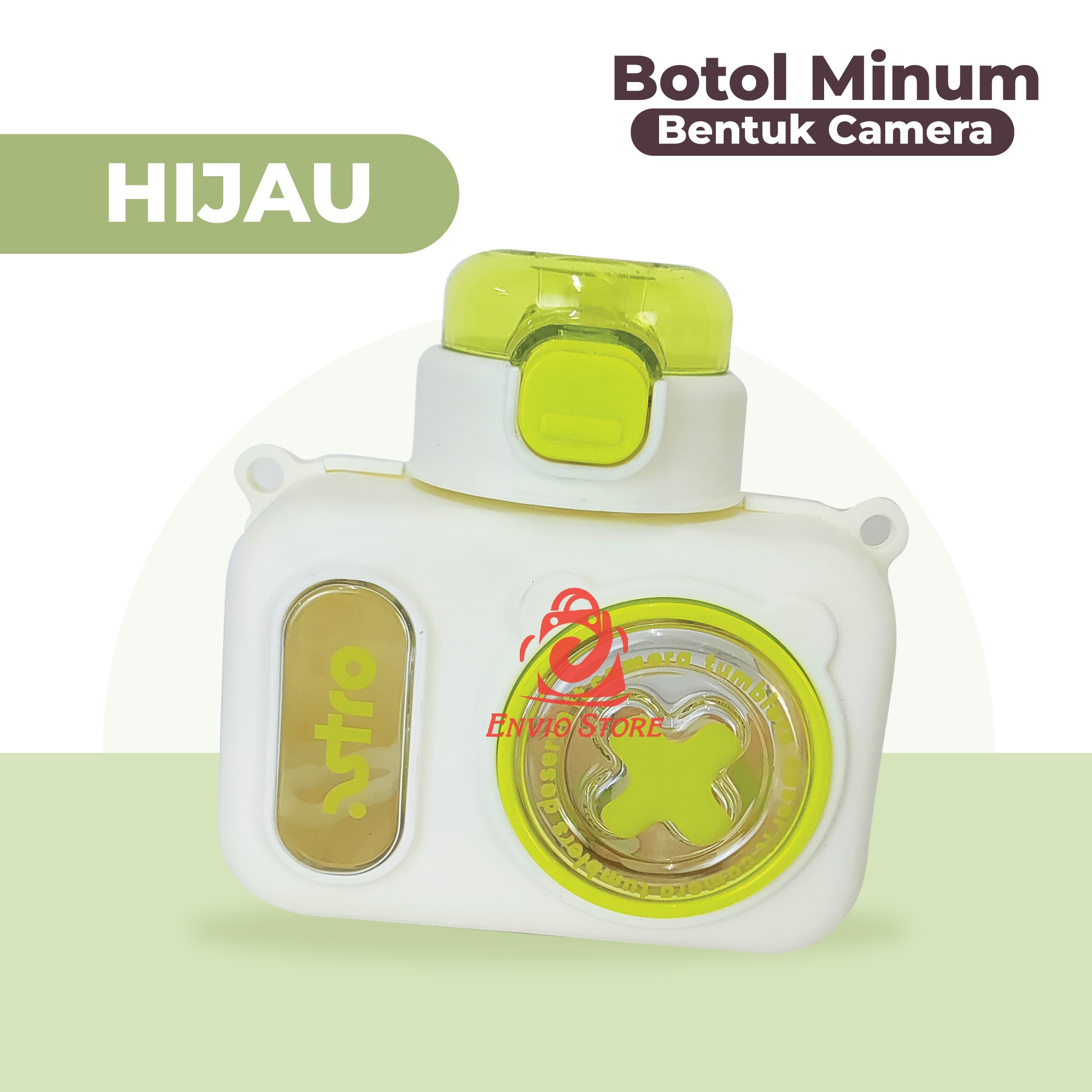 Botol Minum Anak Bentuk Camera 600ml - HIJAU (Free Sedotan dan Strap ...