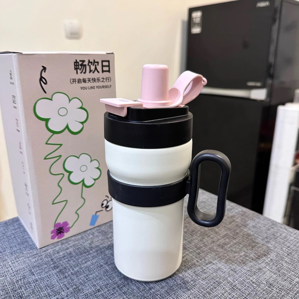 Tumbler Botol Minum Korea Aesthetic Stainless 500ml - PINK HITAM (9107)
