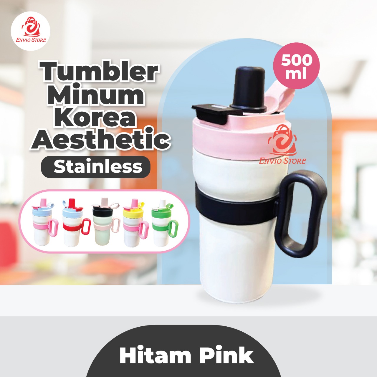 Tumbler Botol Minum Korea Aesthetic Stainless 500ml - HITAM PINK (9107)